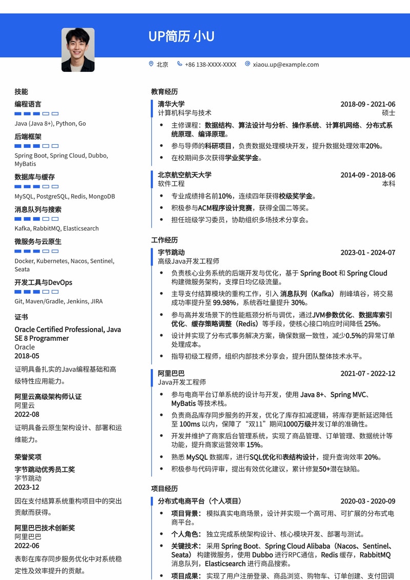 java开发工程师简历模板：熟悉Java开发框架